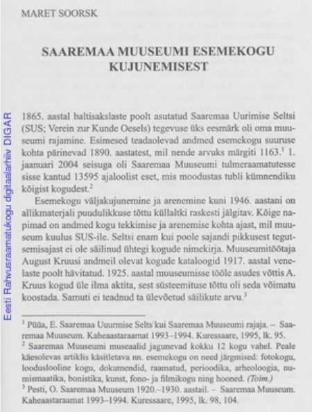 About the formation of the collection of objects of Saaremaa Museum ...